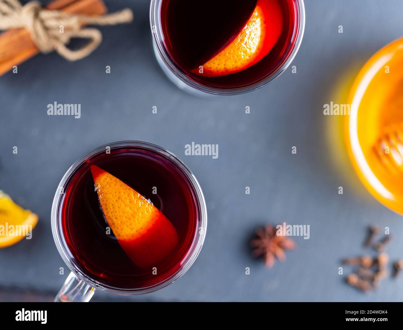 Mulled wine on a slate board. Two glasses of hot mulled wine and ...