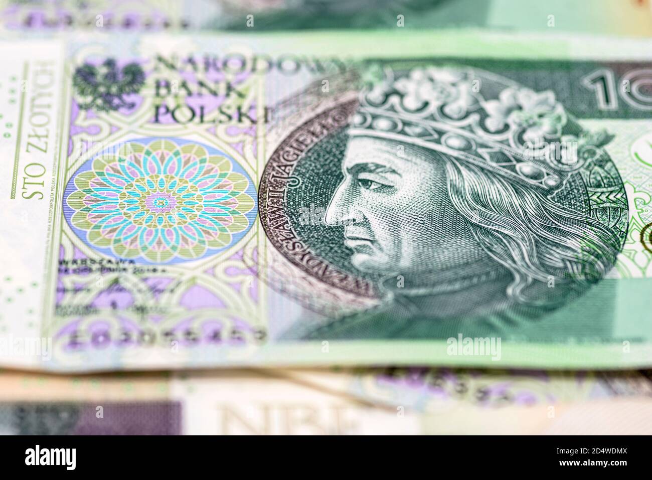 Macro photo of the front side of the Polish 100 zloty banknote, close ...