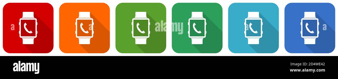 Smartwatch, phone call icon set, flat design vector illustration in 6 ...