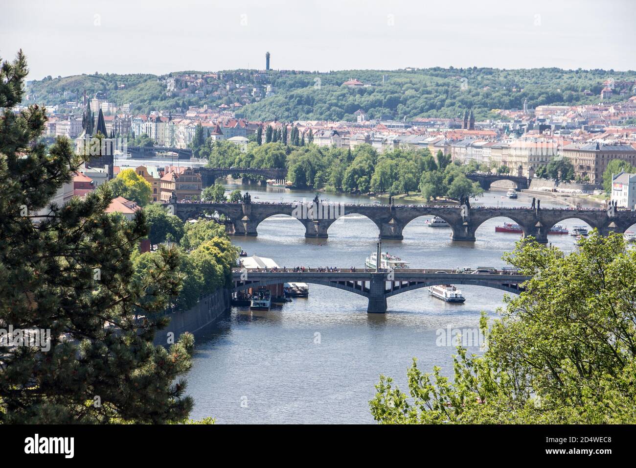 Prague panorama charles bridge river from mountain skyview Stock Photo ...