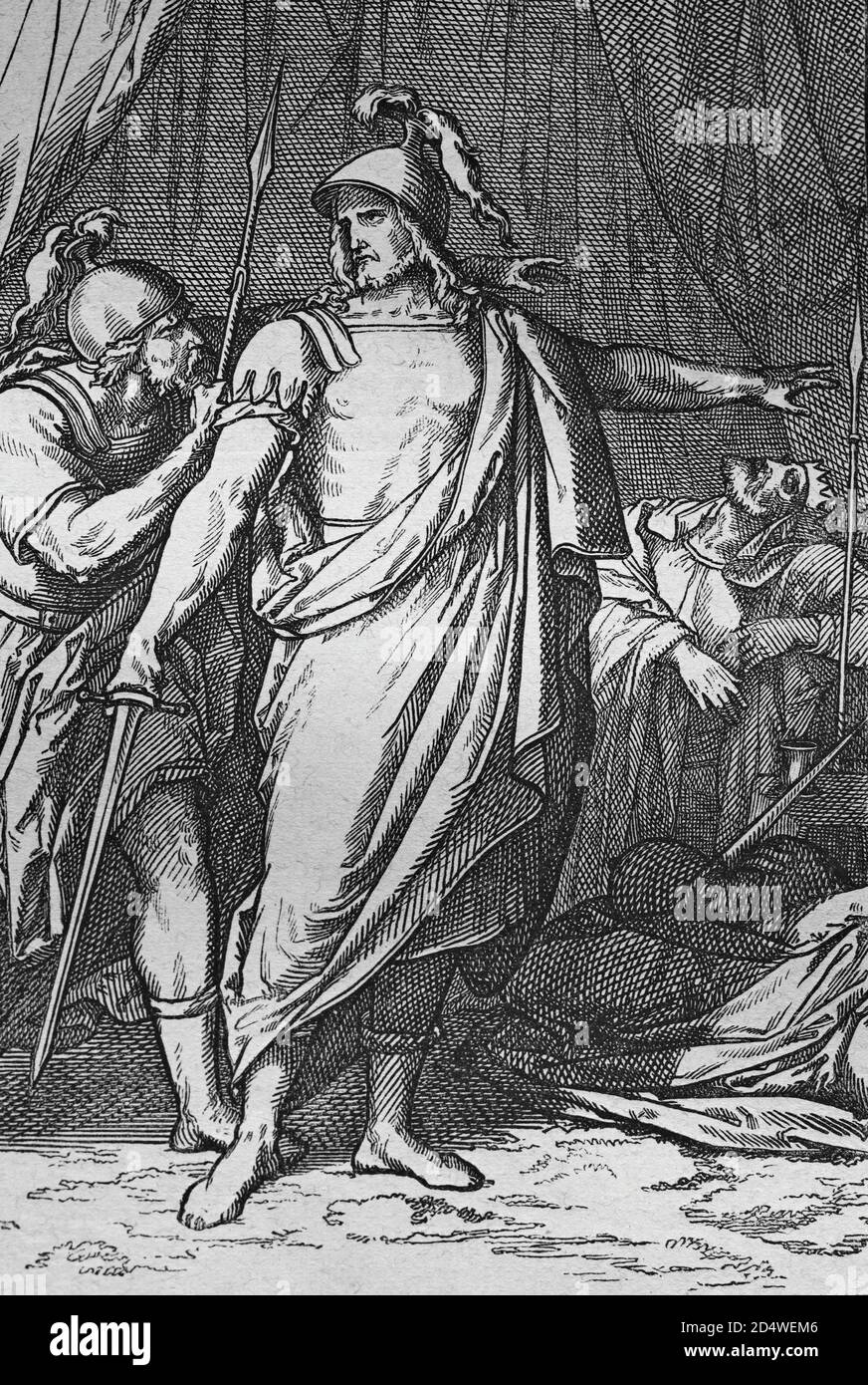 David protects Saul, historic bible steel engraving from 1860 Stock ...