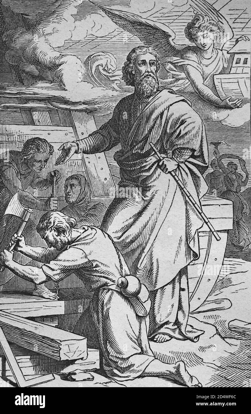 Noah builds the ark, historic bible steel engraving from 1860 Stock ...