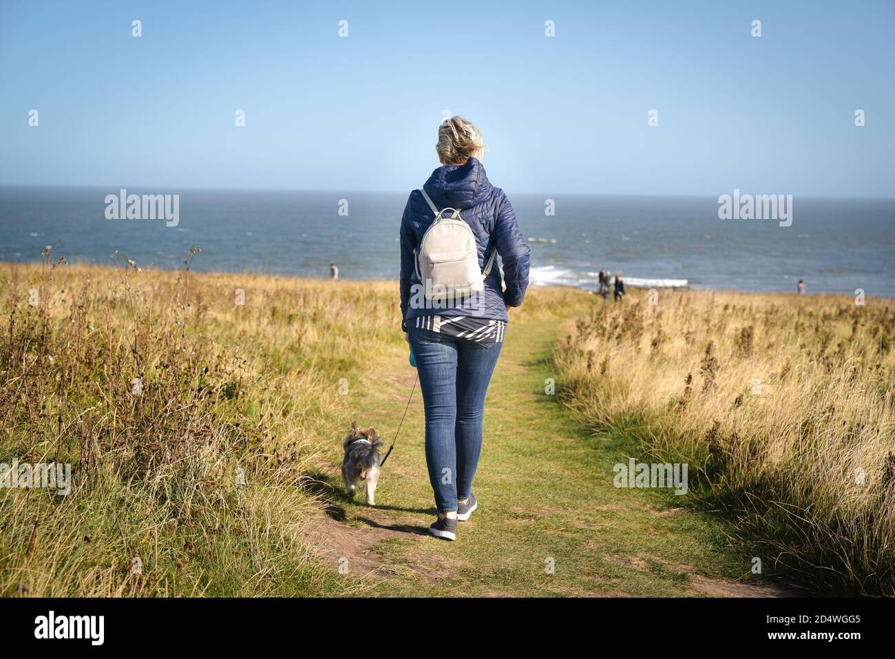 A woman with dog walk about in peninsula footpath during windy day in ...
