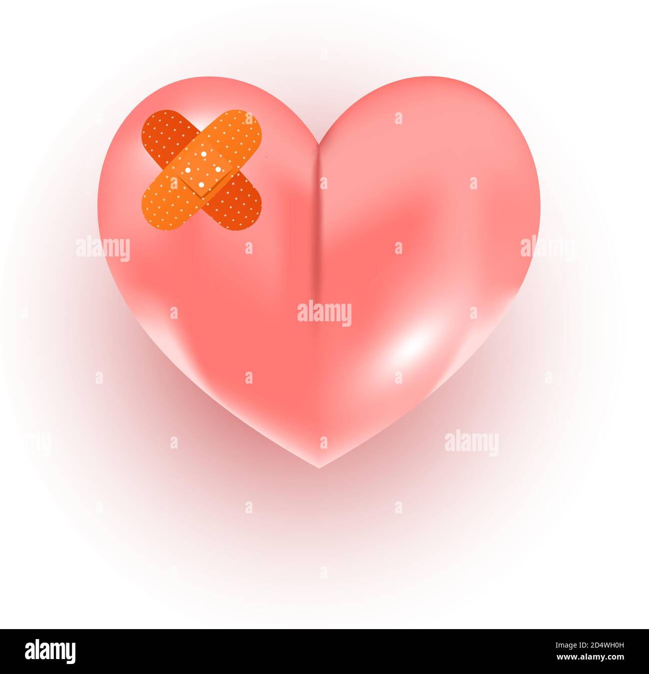Broken pink heart shape with bandage on white background, top view ...