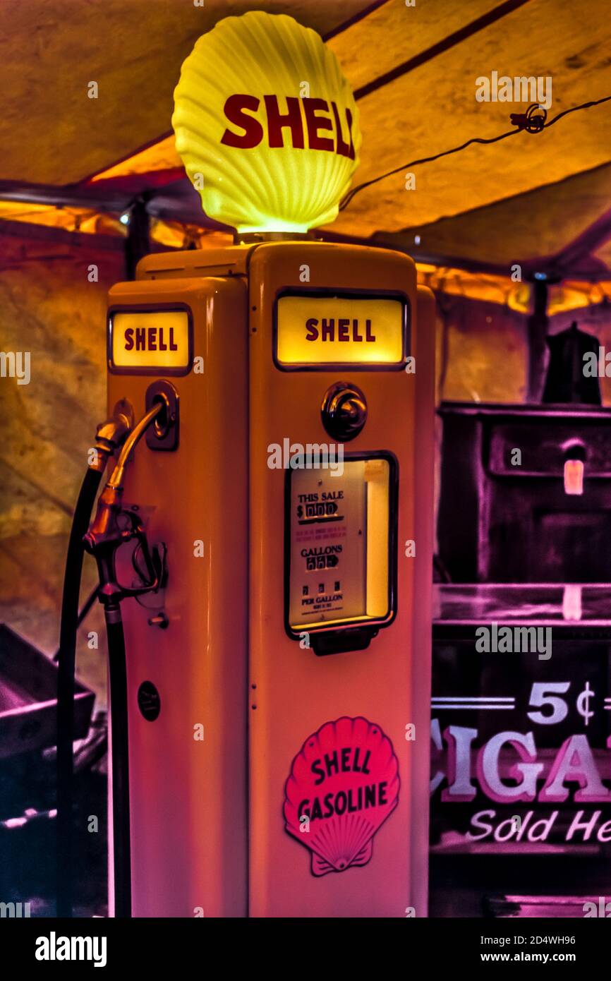 antique SHELL gasoline pump, with neon lights Stock Photo - Alamy