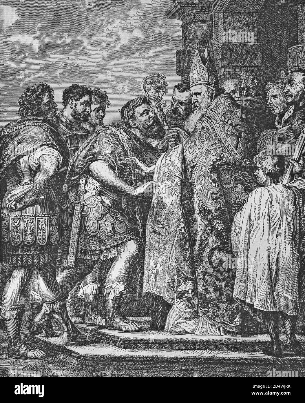 St. Ambrose excommunicating the Emperor Theodosius, historic steel ...