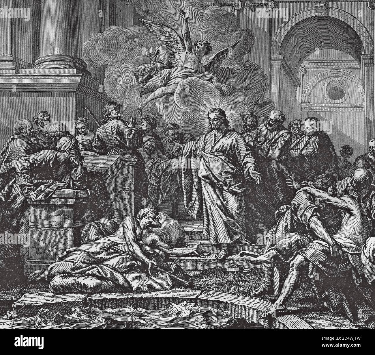 Jesus and the patient at the pool of Bethsaida, historic steel ...