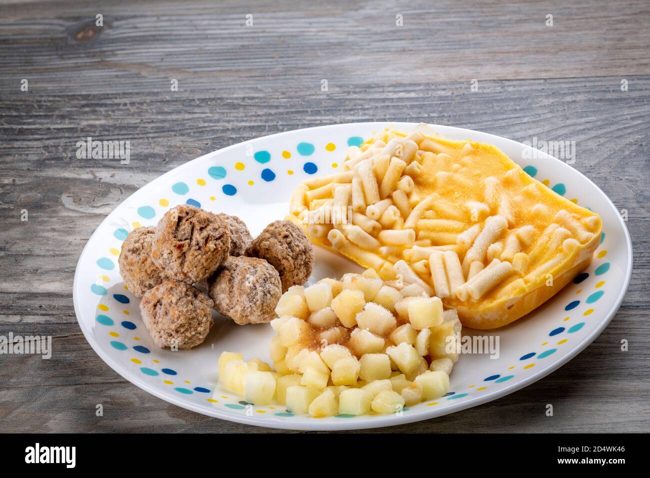 Still frozen TV dinner ingredients on a plate Stock Photo - Alamy