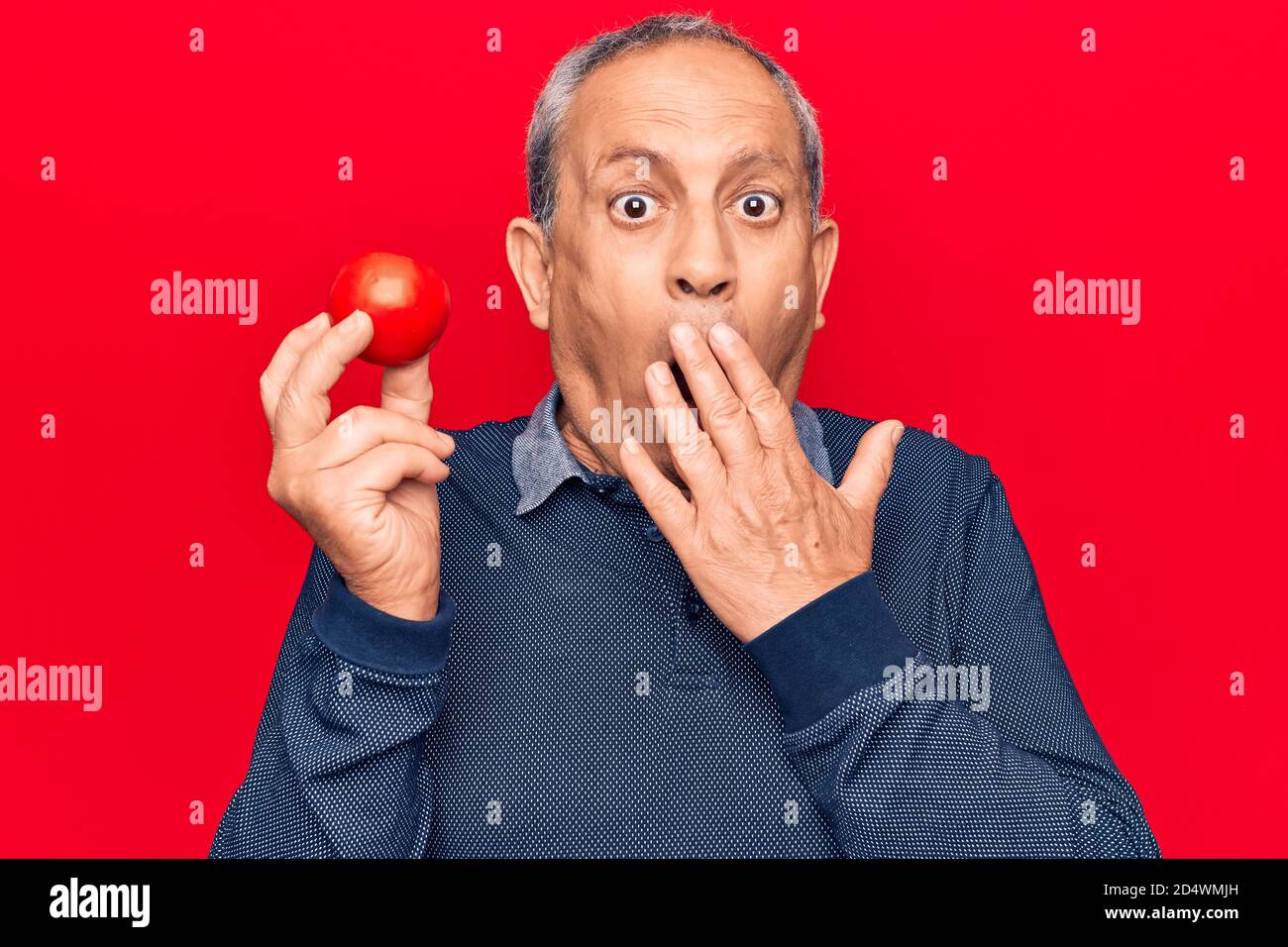 Senior handsome grey-haired man holding fresh red tomato over isolated ...