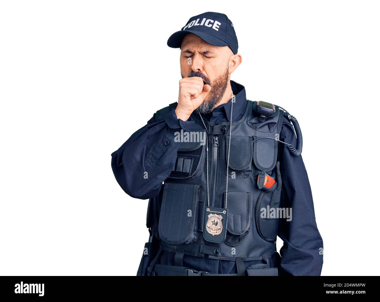 Young handsome man wearing police uniform feeling unwell and coughing ...
