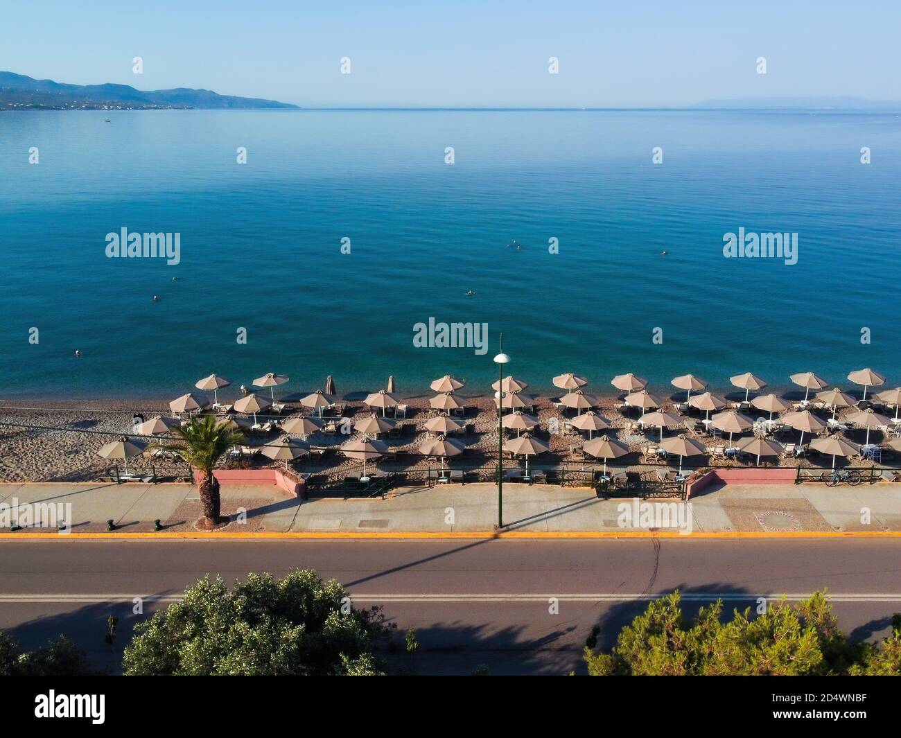 Aerial view of Kalamata beach with swimmers at daiylight Stock Photo ...