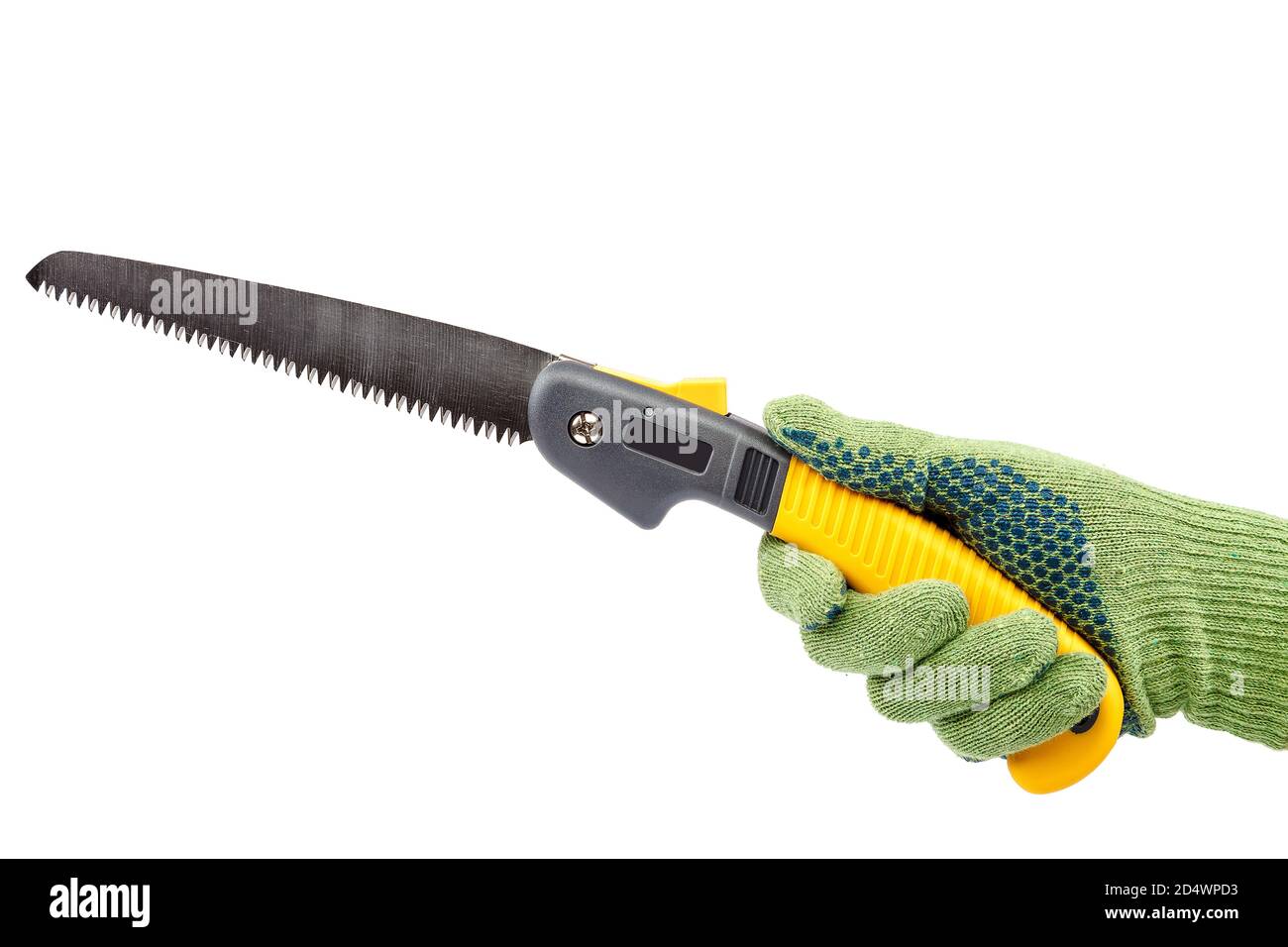 Folding garden saw in hand with glove isolated on white background ...