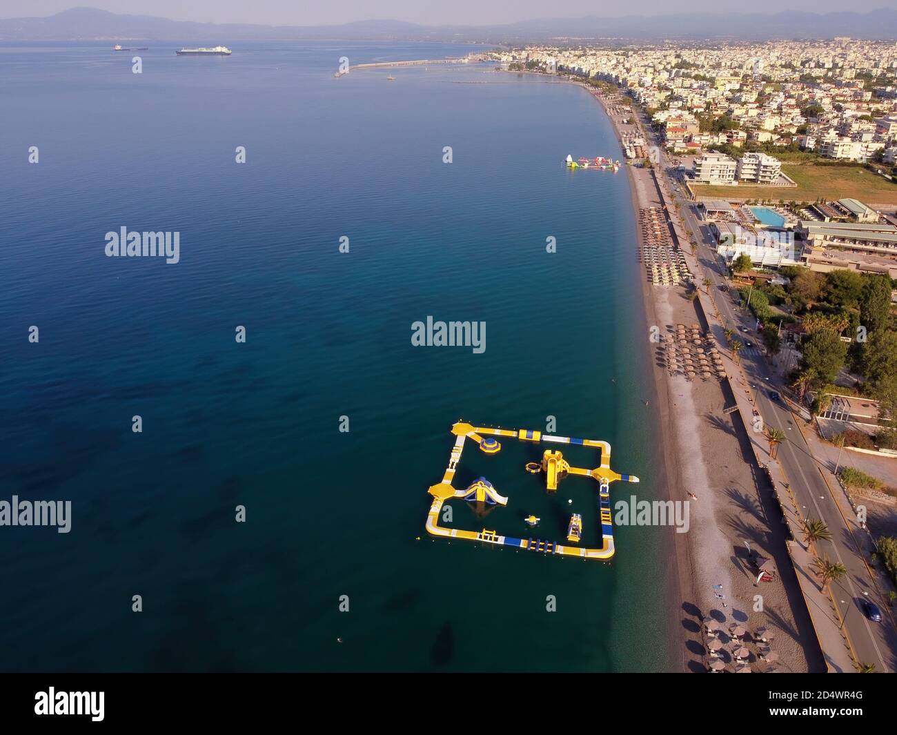Aerial view of Kalamata beach with swimmers at daiylight Stock Photo ...