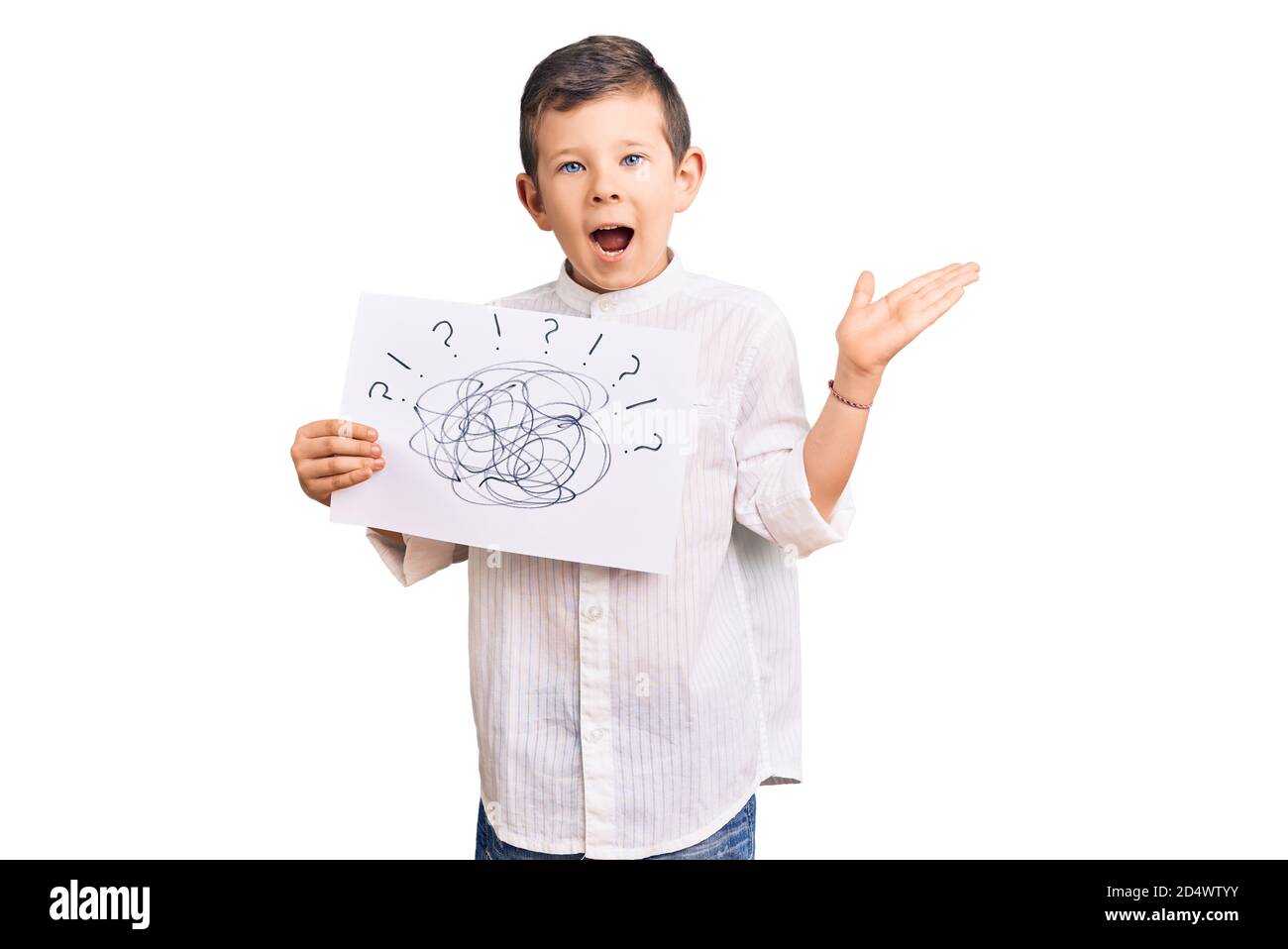 Cute blond kid holding scribble draw celebrating victory with happy ...
