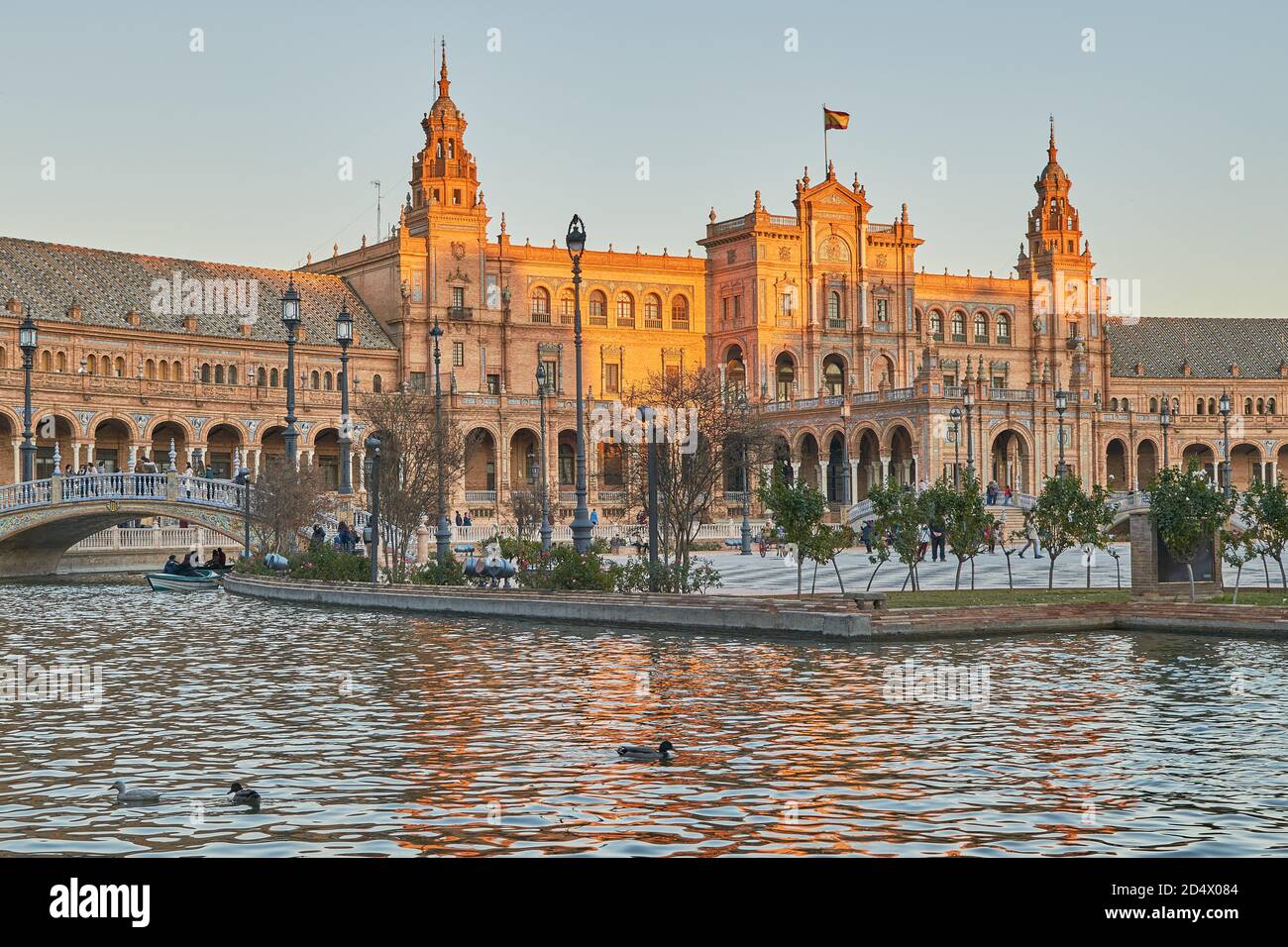 Sunset at the plaza de espana in Sevilla, Andalusia, Spain. Monumental ...