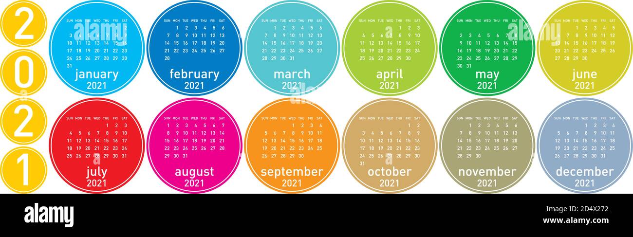 Colorful Circles Calendar for Year 2021, in vectors Stock Vector Image ...