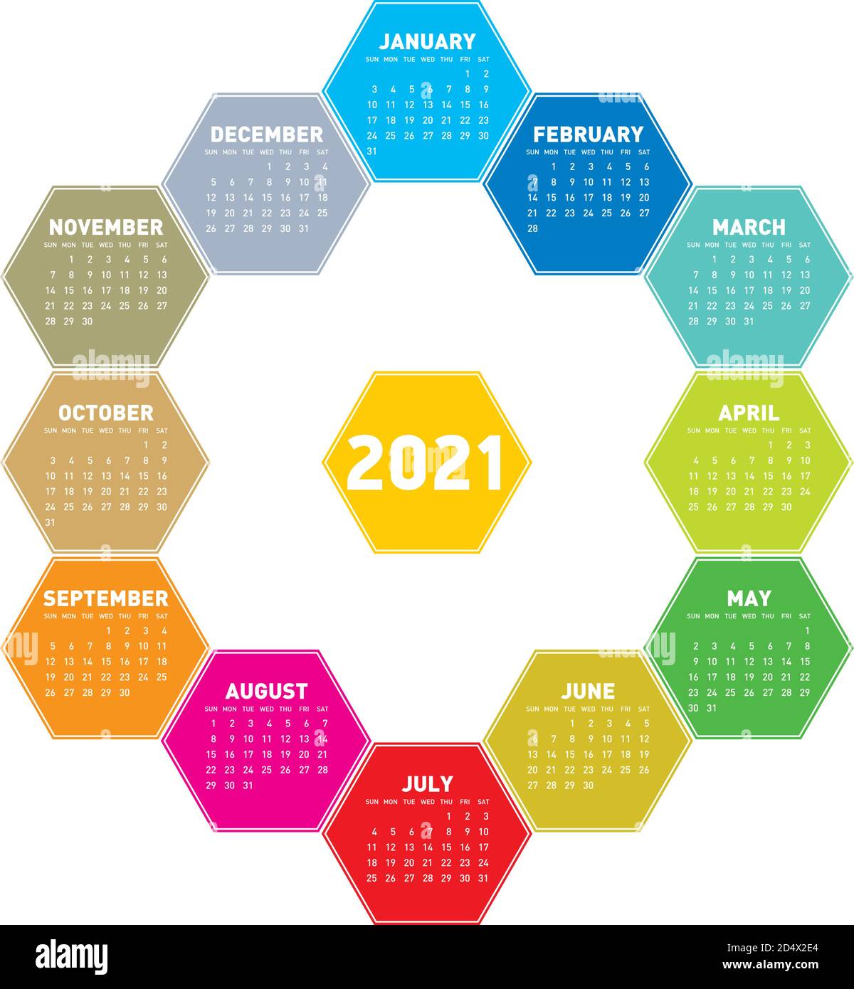 Colorful Calendar for year 2021 in an hexagonal pattern. In vector ...