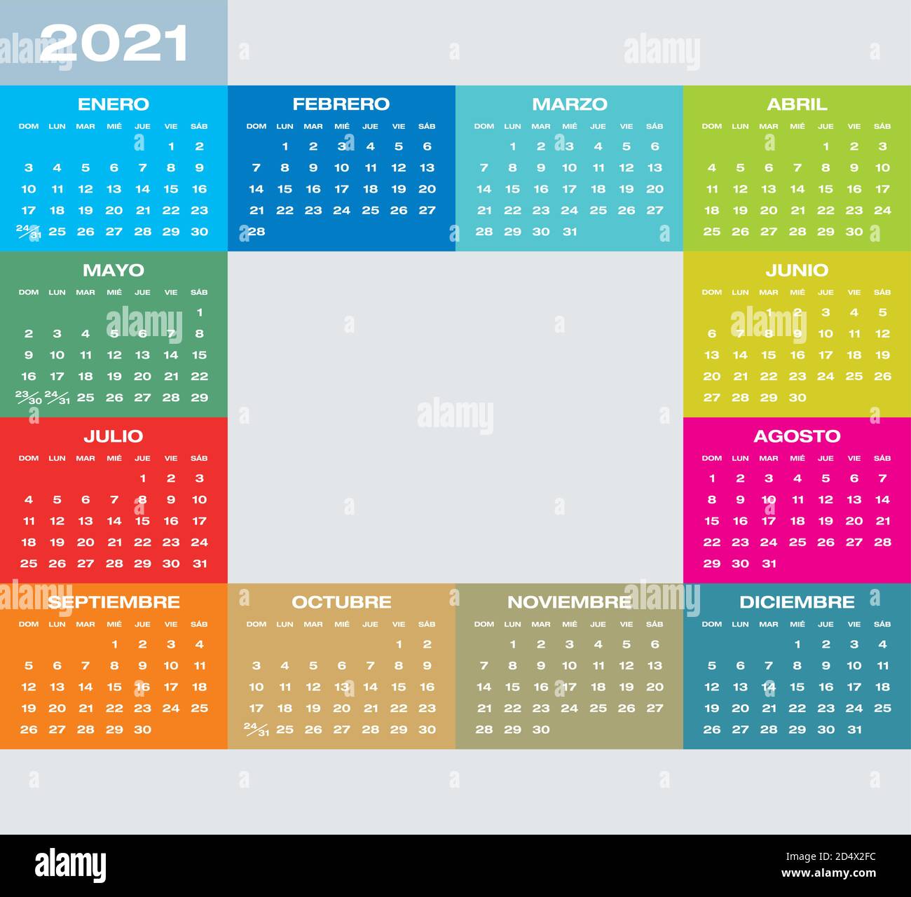Colorful Calendar for year 2021 in Spanish, vector format Stock Vector ...