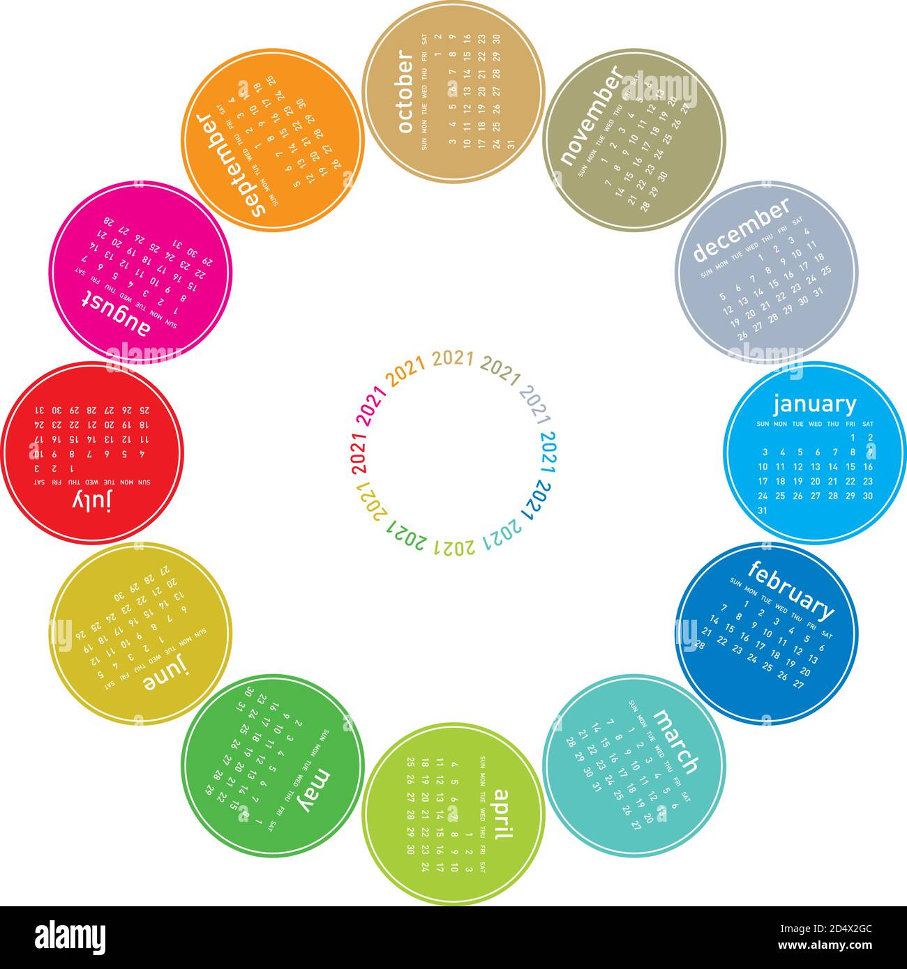 Colorful calendar for 2021. Circular design. In vector format Stock ...