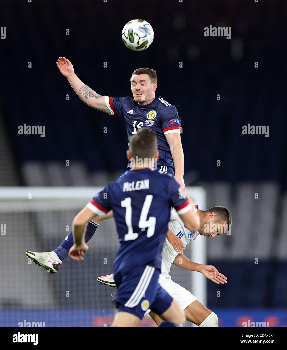 Scotland's John Fleck wins a header during the UEFA Nations League ...