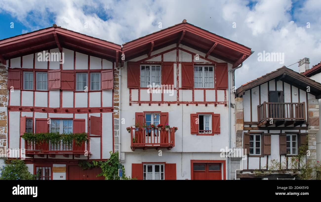 Typical houses in the village of Ainhoa in the Basque country Stock ...