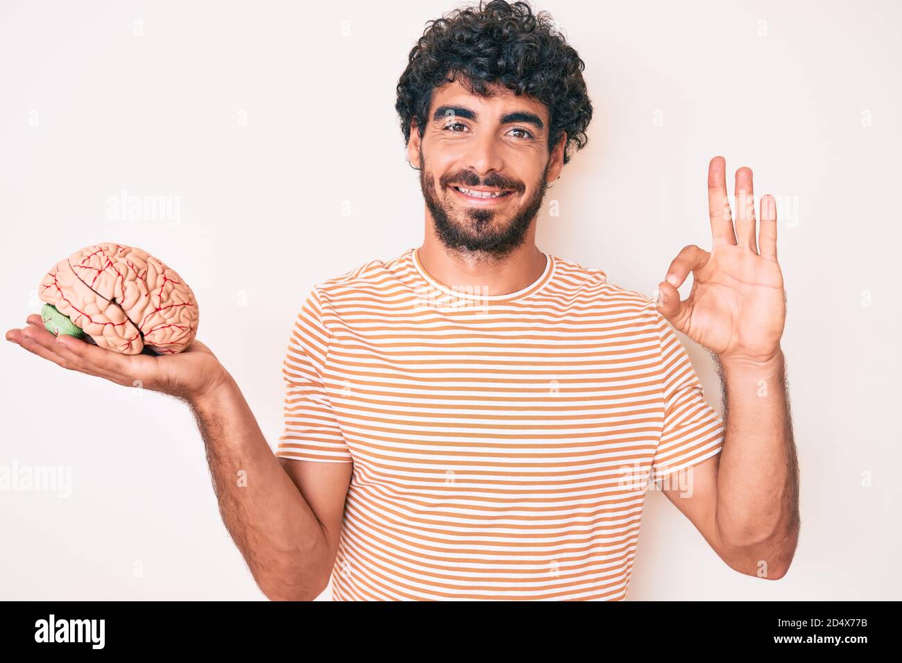 Handsome young man with curly hair and bear holding brain as mental ...