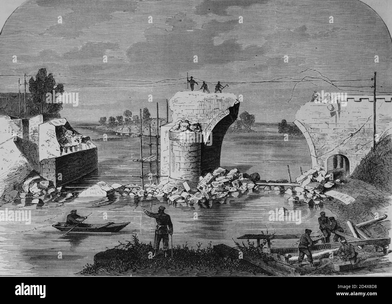Blown up railway bridge near Trilport outside Meaux on the Marne river ...