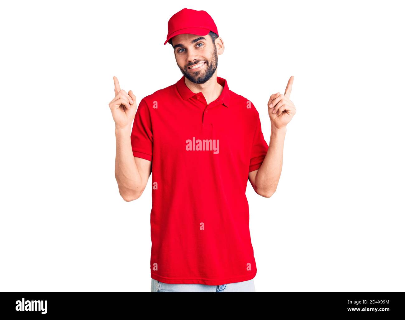 Young Handsome Man With Beard Wearing Delivery Uniform Smiling
