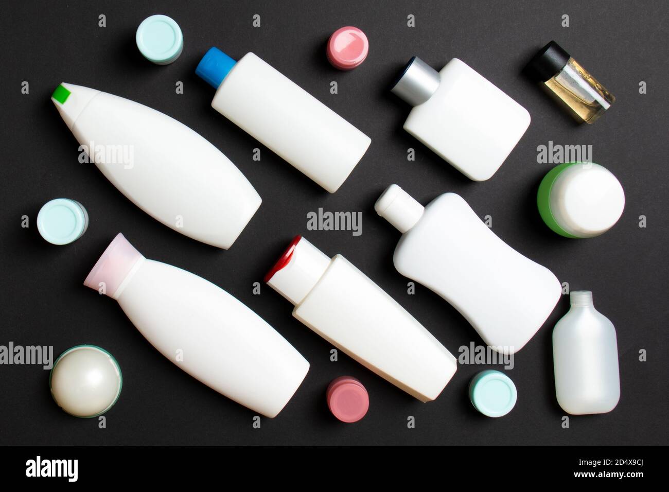 Group of plastic bodycare bottle Flat lay composition with cosmetic ...