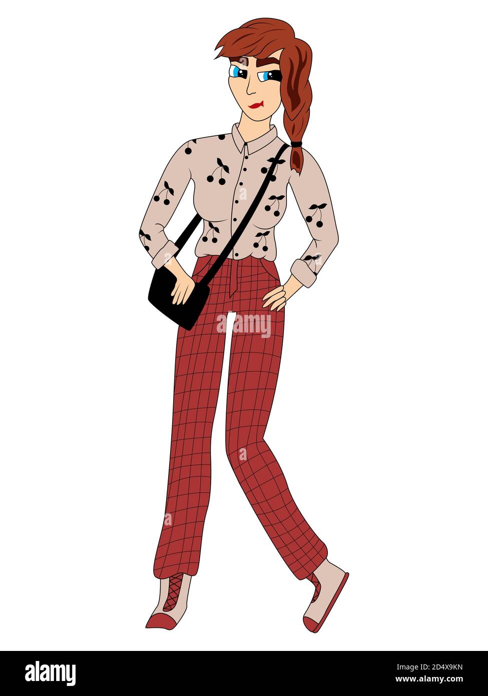 Creative cartoon girl in fashionable clothes in magenta and beige ...