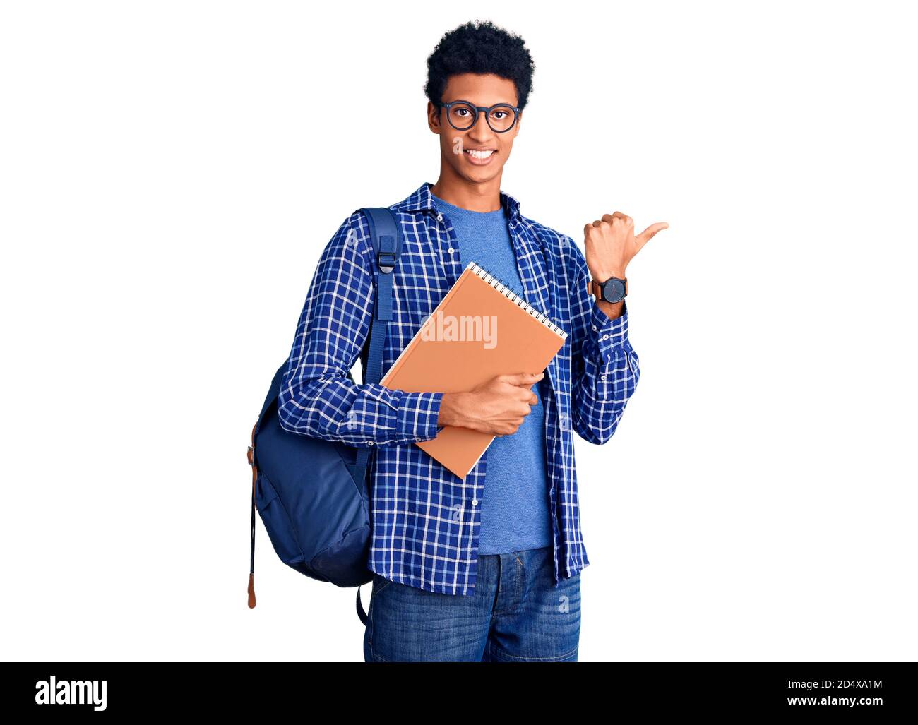 Young african american man wearing student backpack holding book ...