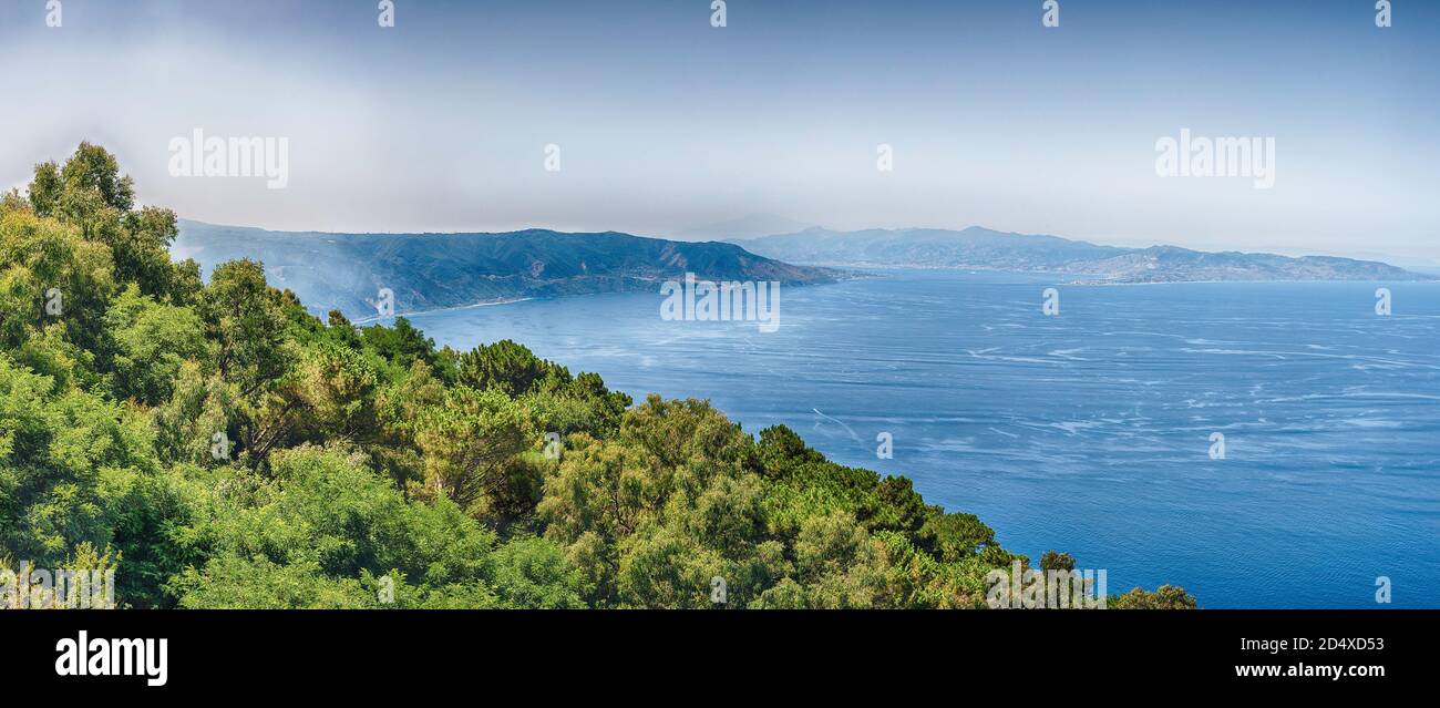 Panoramic aerial view of the Strait of Messina, between the eastern tip ...
