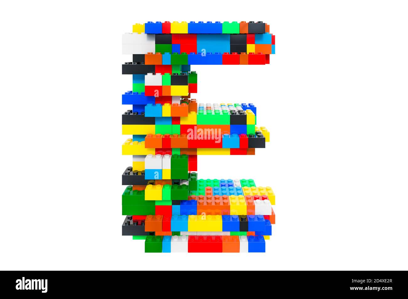 Letter E from colorful building toy blocks, 3D rendering isolated on ...