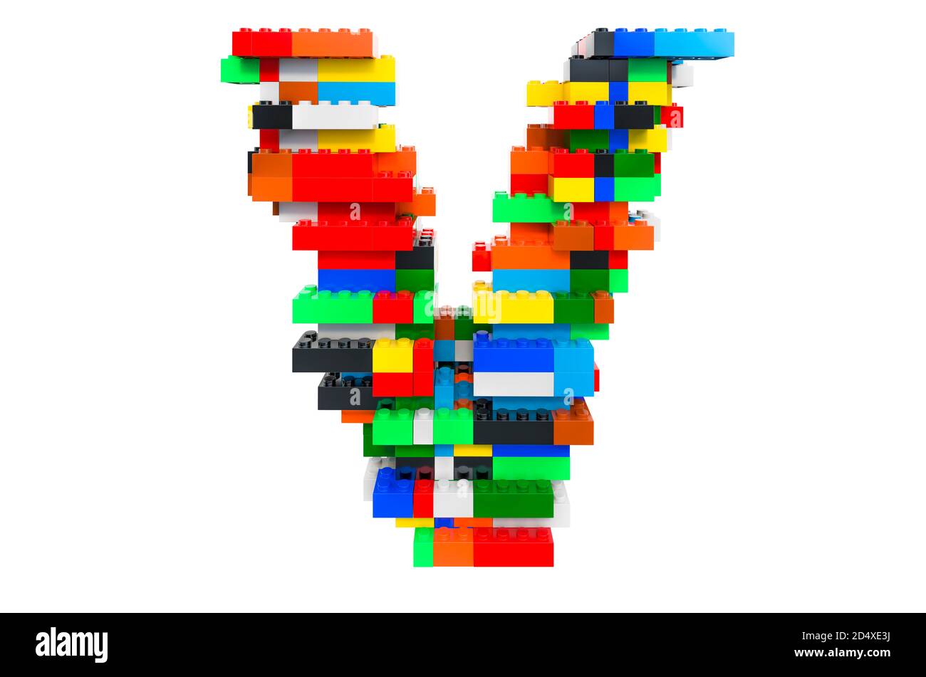 Letter V from colorful building toy blocks, 3D rendering isolated on ...