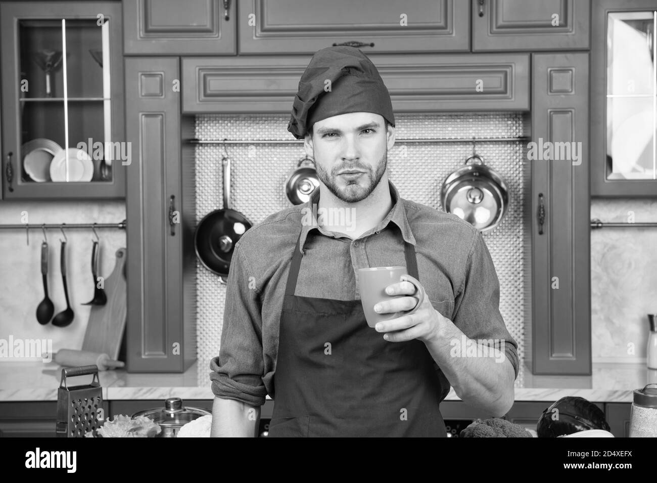 But first coffee. Man with holds coffee cup. Cooking process concept ...