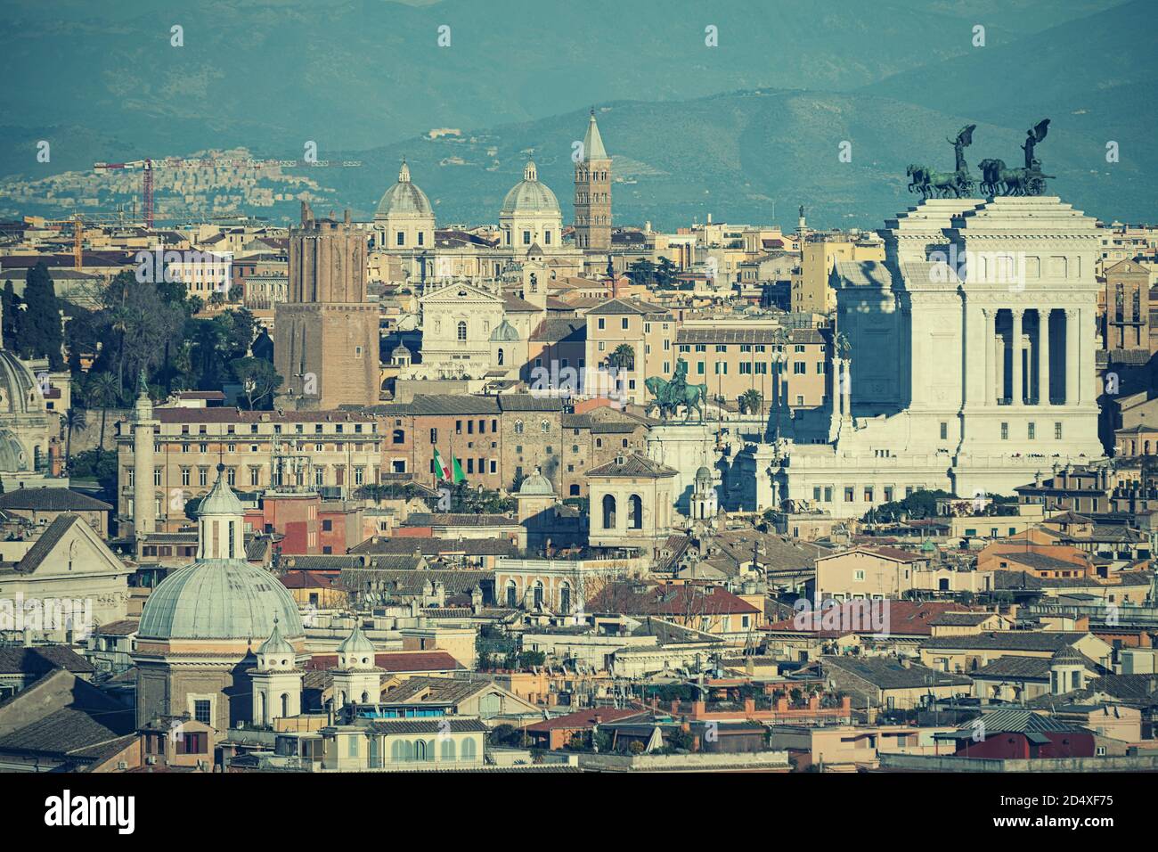 The roofs of Rome, Italy. Mountains of Lazio. An aerial view of the ...