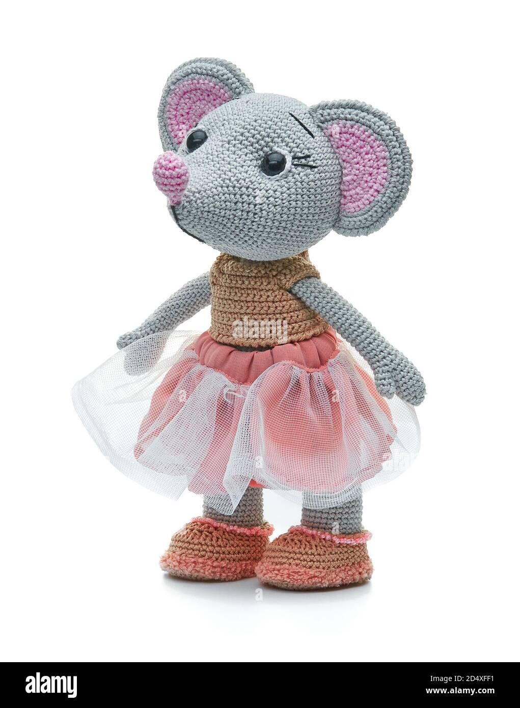 Knitted toy gray mouse in a dress on a white background Stock Photo - Alamy