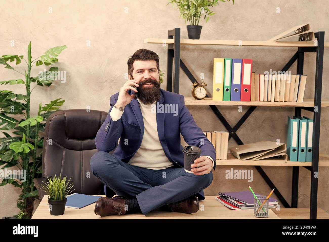 Lunch time is happy time. Mental wellbeing and relax. Man bearded ...