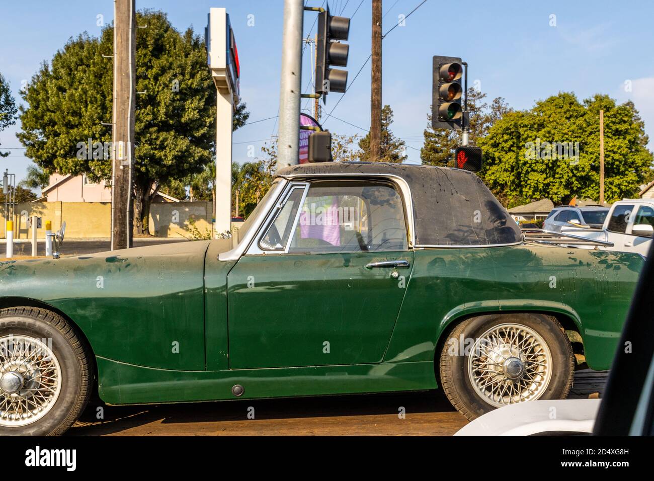 A dusty MG Morris Garage Midget car on a trailer in Modesto California ...