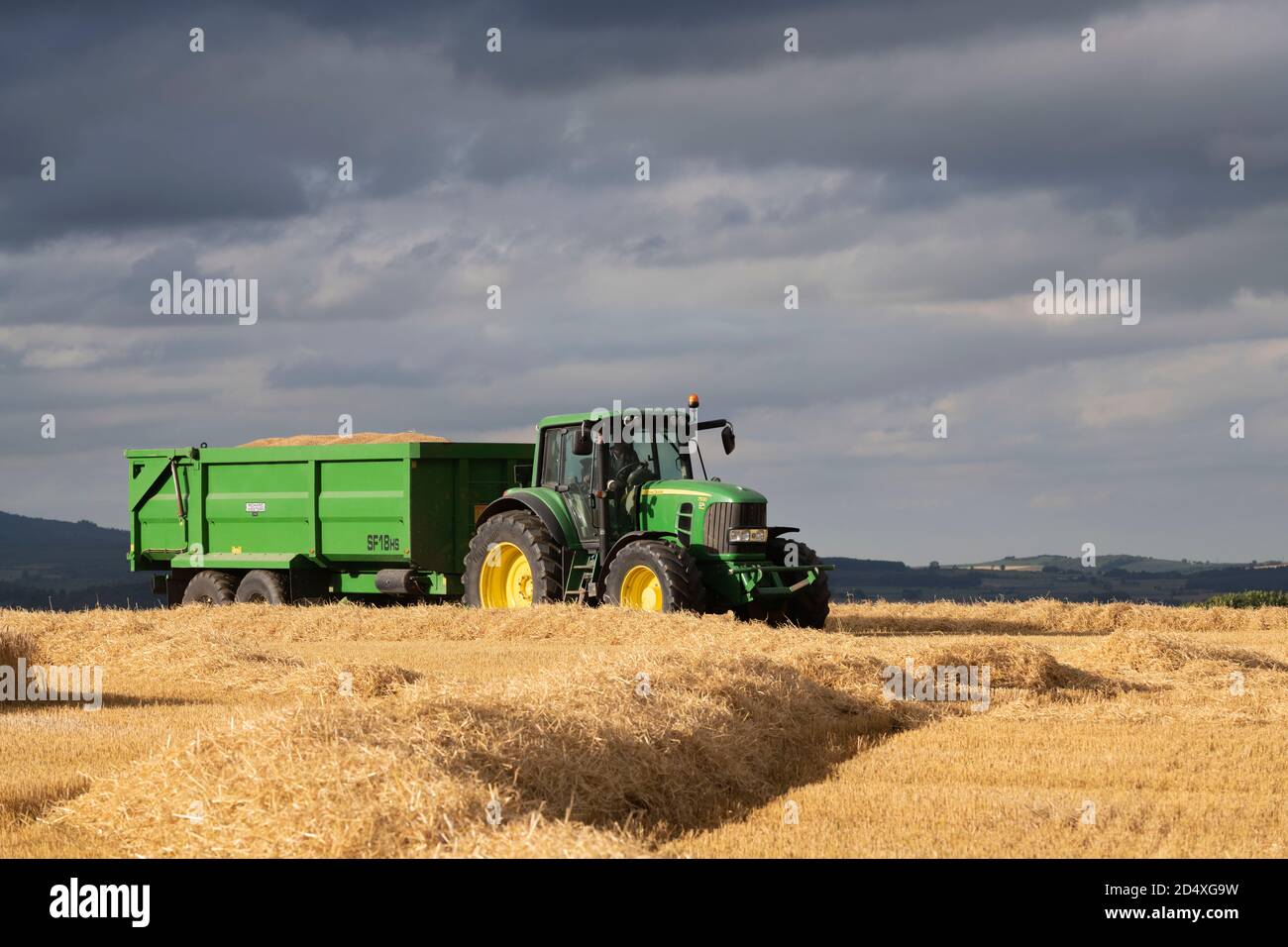 A Green Tractor and Trailer Loaded with Grain in a Freshly Cropped ...
