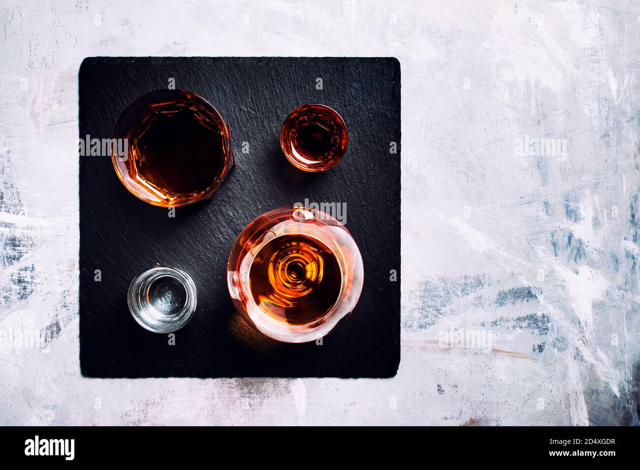 Selection of strong drinks in glasses, top view Stock Photo - Alamy