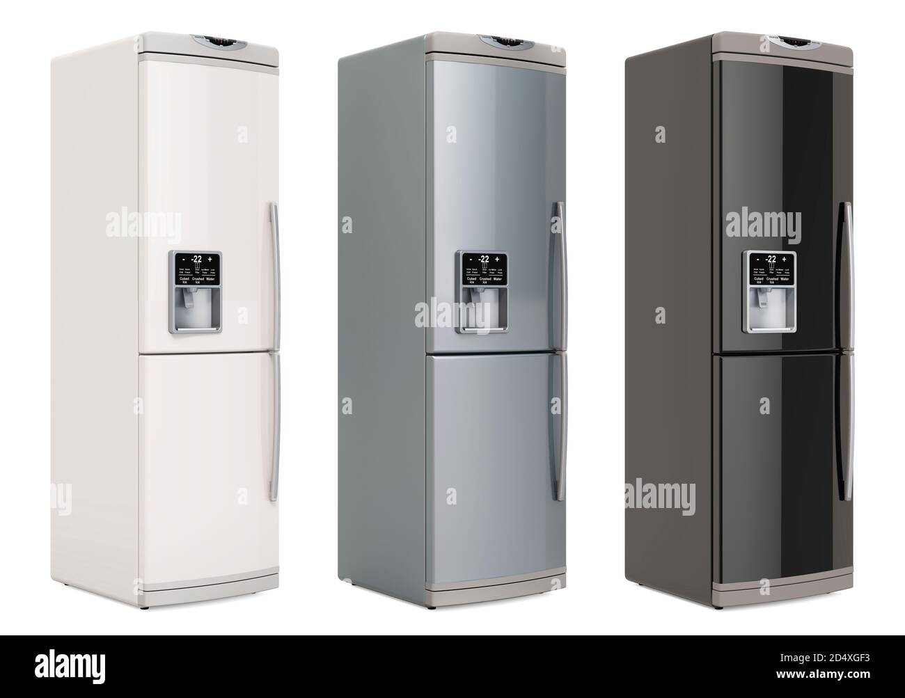 Refrigerators, silver, white and black colors, side views. 3D rendering ...