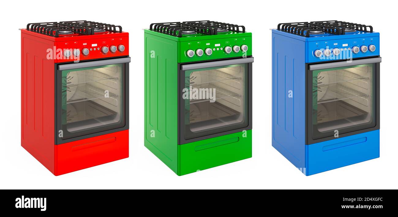 Colored gas ranges with oven, side view. 3D rendering isolated on white ...