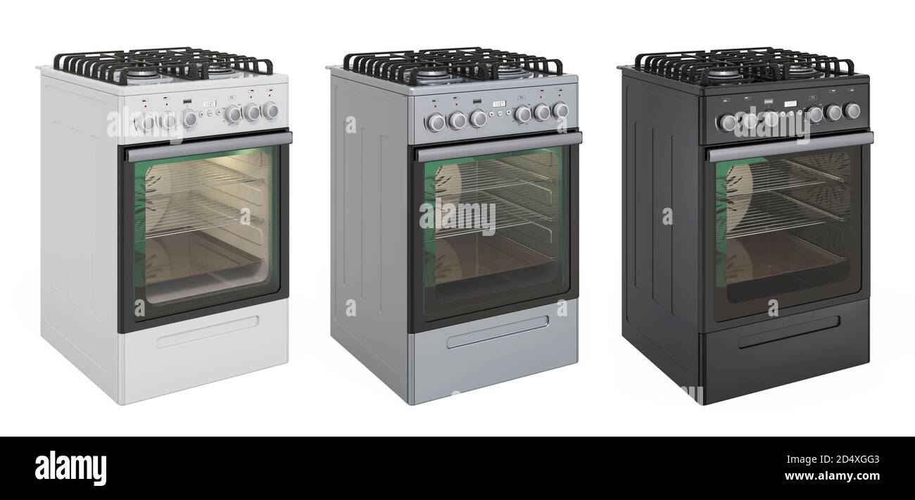 Set of freestanding gas ranges with oven, side view. 3D rendering ...