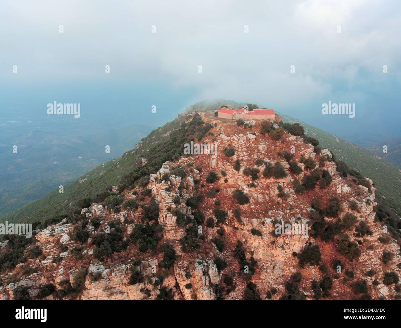 Aerial view of Voulcanos Monastery in Messinia region through rainy ...