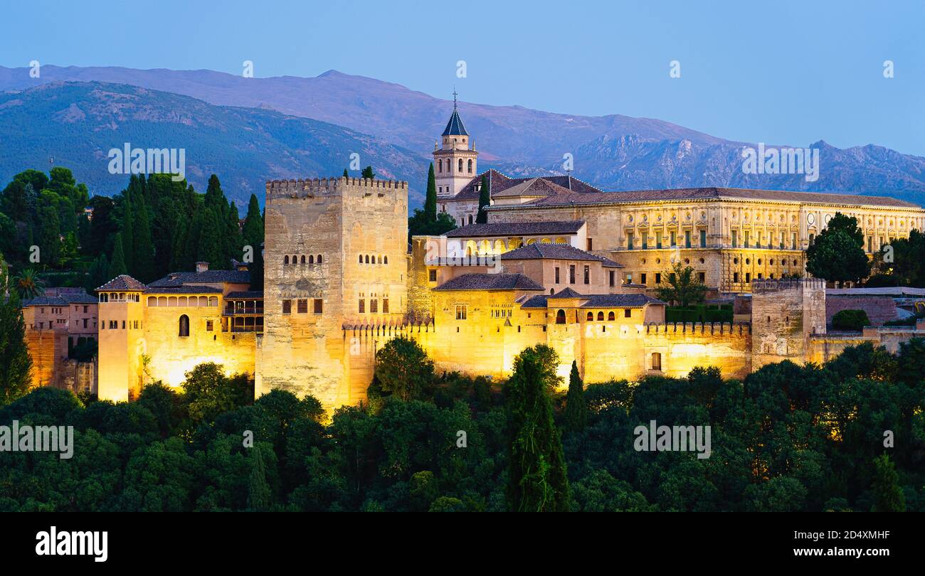 Alhambra view during the evening with lights in Granada, Spain Stock ...