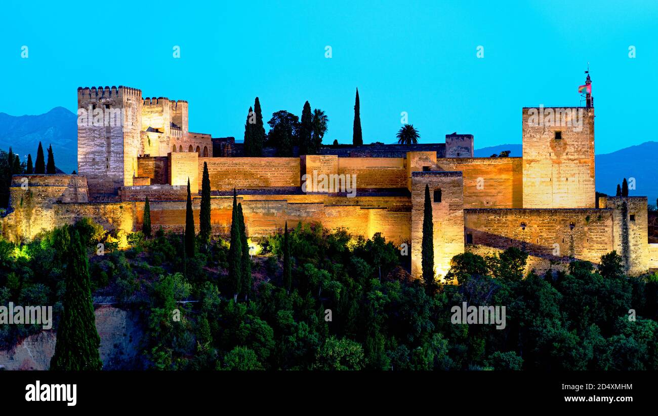 Alhambra view during the evening with lights in Granada, Spain Stock ...