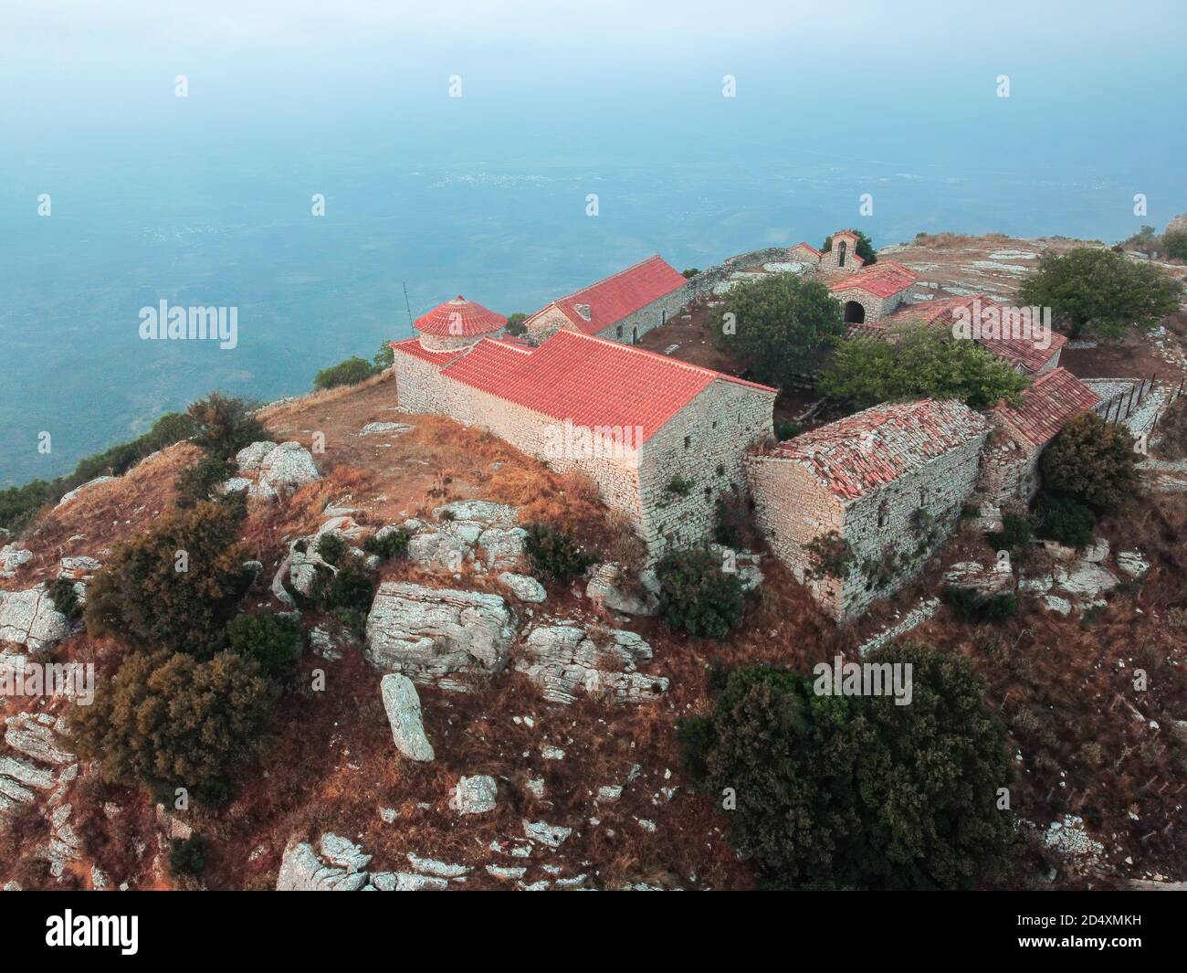 Aerial view of Voulcanos Monastery in Messinia region through rainy ...