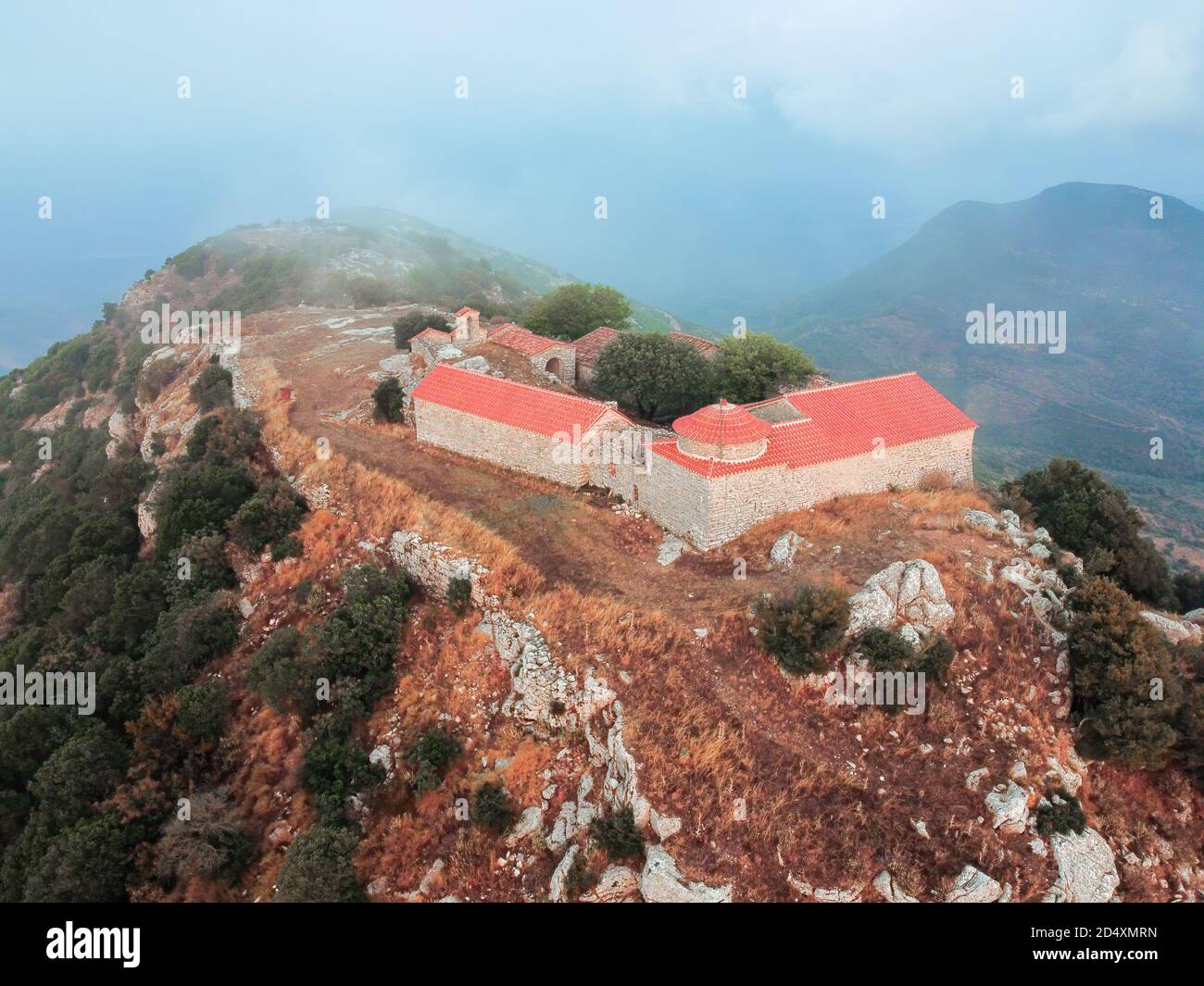 Aerial view of Voulcanos Monastery in Messinia region through rainy ...