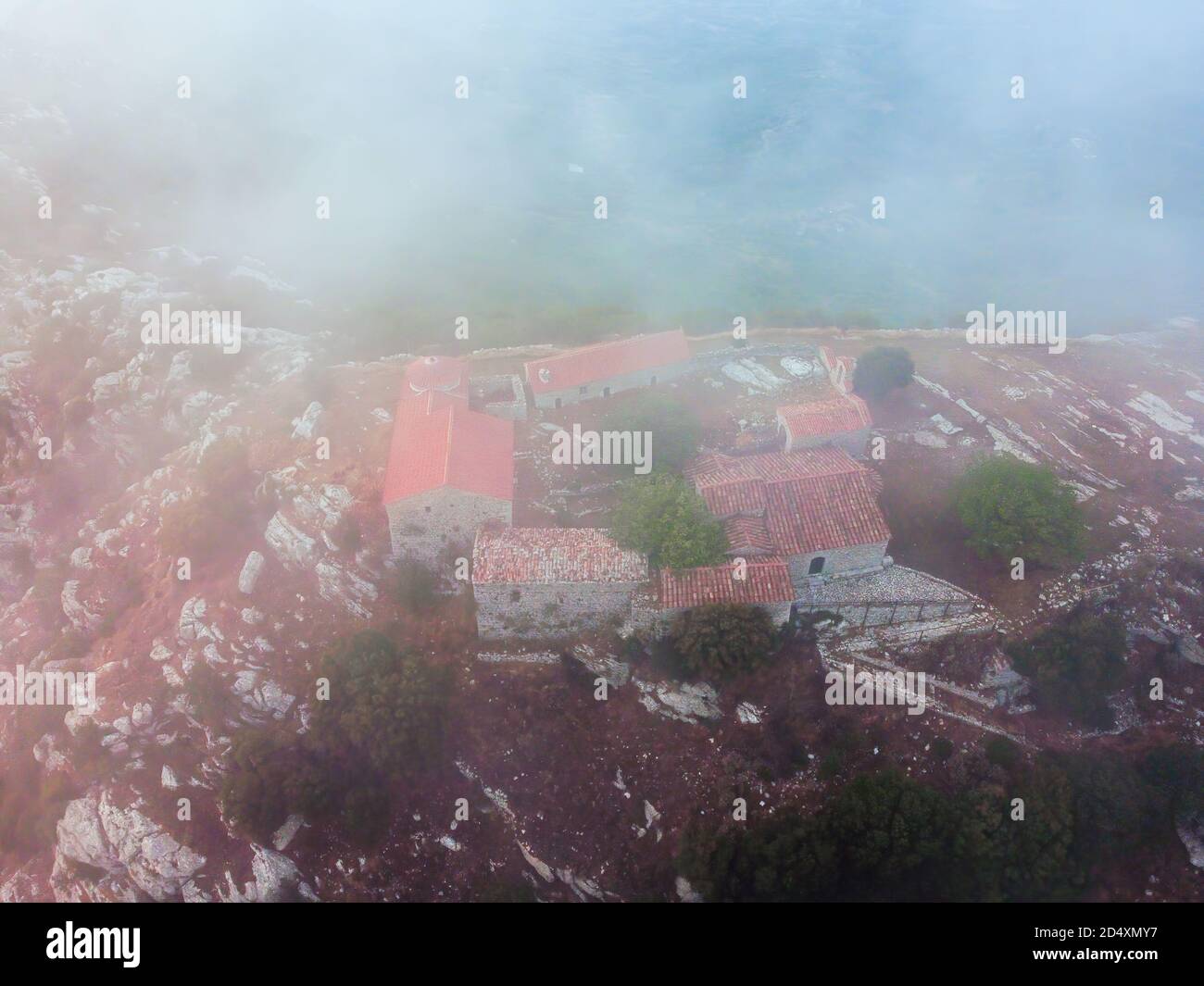 Aerial view of Voulcanos Monastery in Messinia region through rainy ...